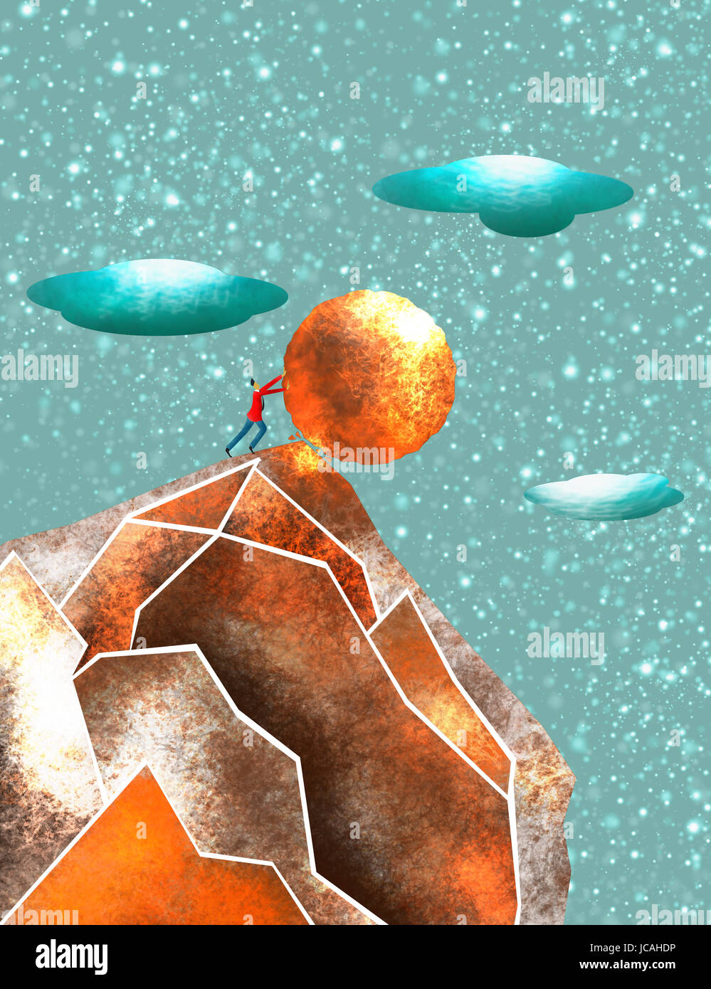 A businessman getting the ball rolling. The man & boulder and ...