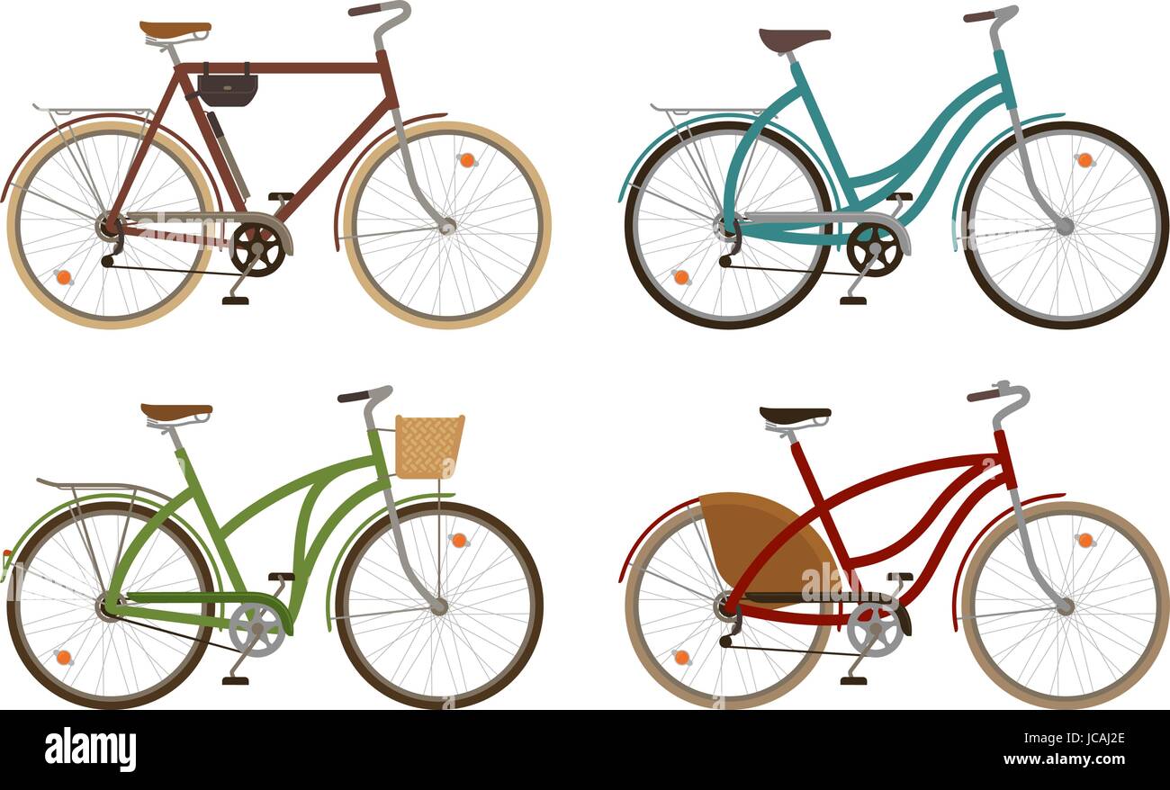 Classic bike, set icons. Retro bicycle, cycle, transport. Cartoon ...