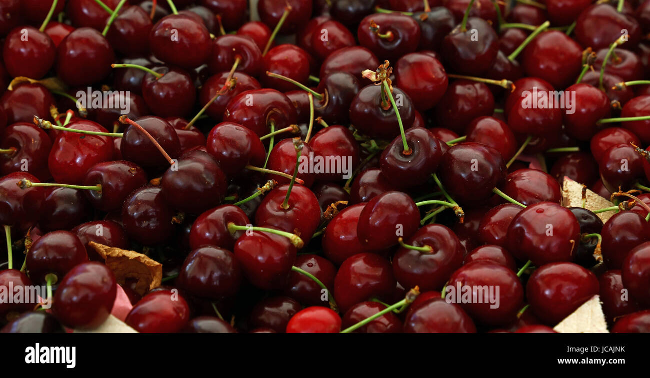 Heap of fresh red ripe sweet black cherry on retail market stall ...