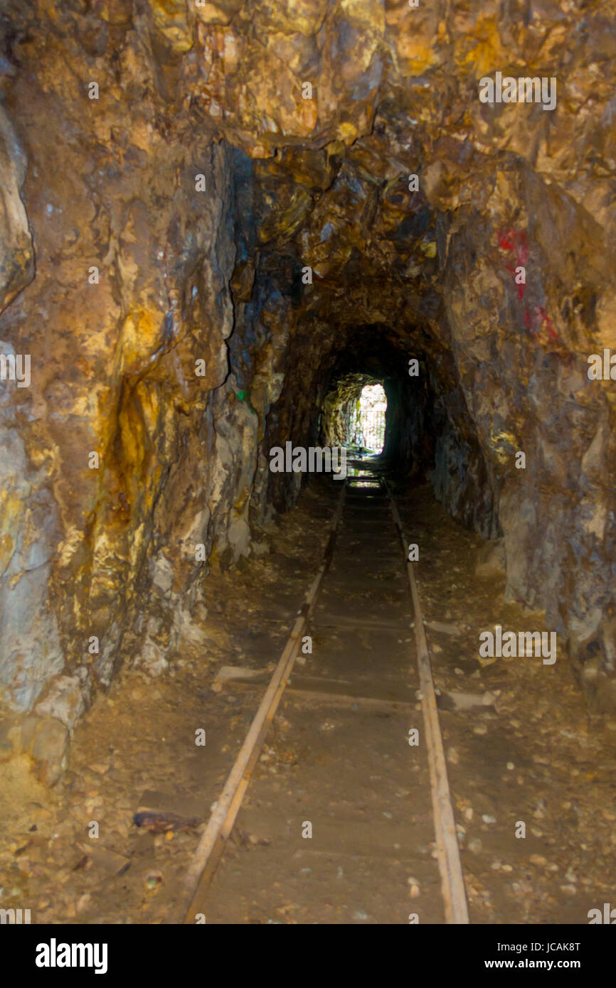 Historic rail tunnel, a part of an old gold mine transportation system ...