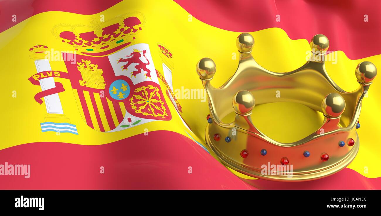 Monarchy of Spain. Golden crown on Spain flag background. 3d ...