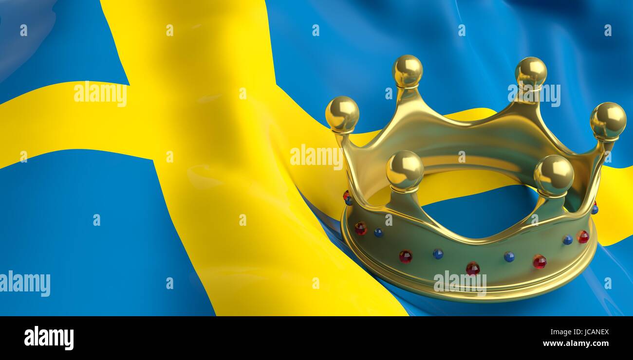 Monarchy of Sweden. Golden crown on Sweden flag background. 3d ...
