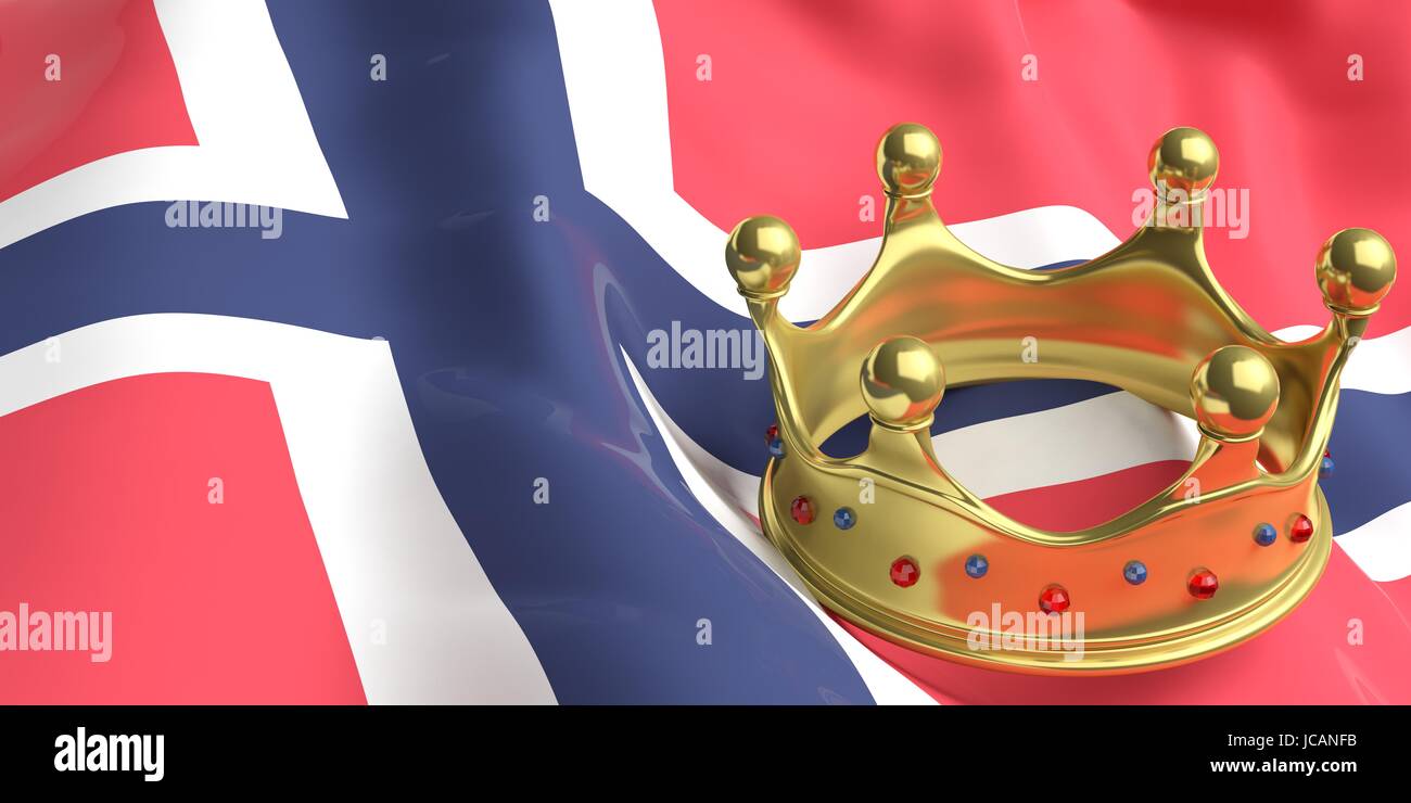 Norwegian monarchy. Golden crown on Norway flag background. 3d ...