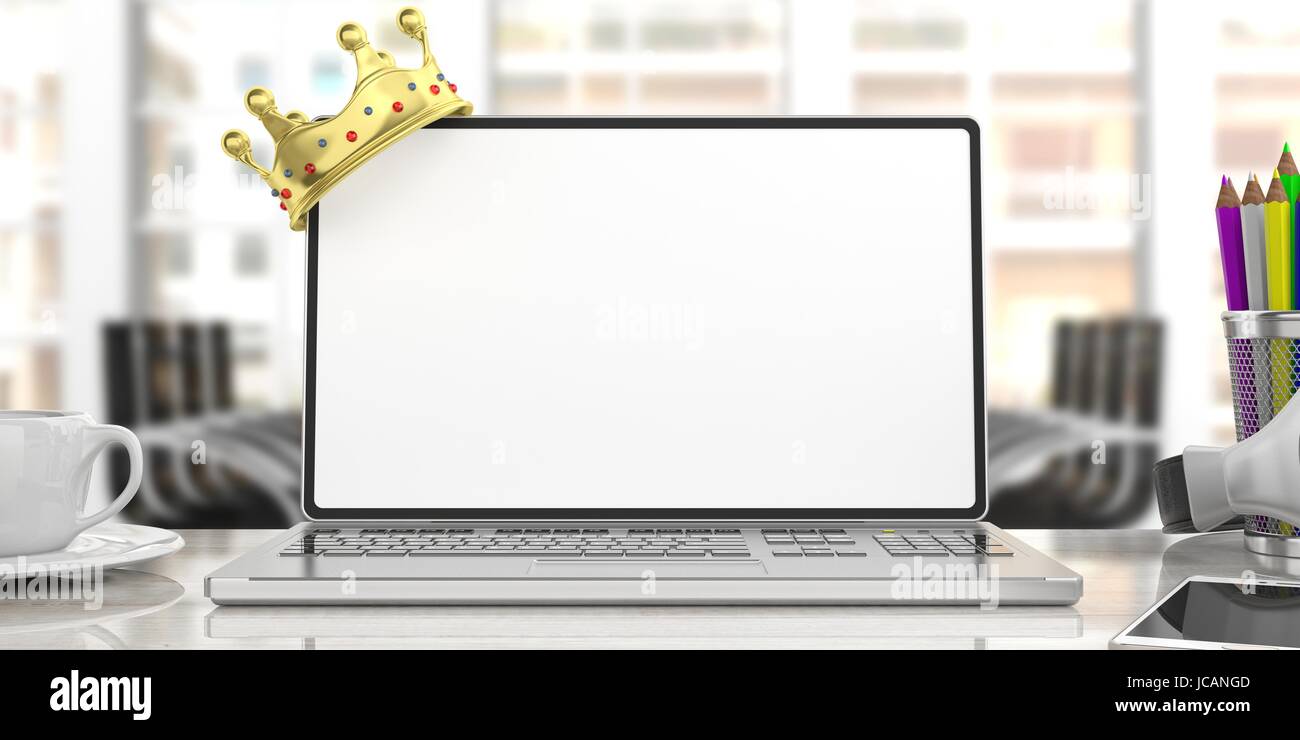 Laptop and a golden crown on an office desk. 3d illustration Stock ...
