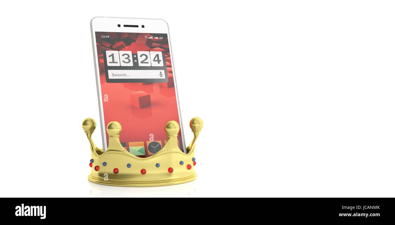 Mobile phone and a golden crown on white background. 3d illustration ...