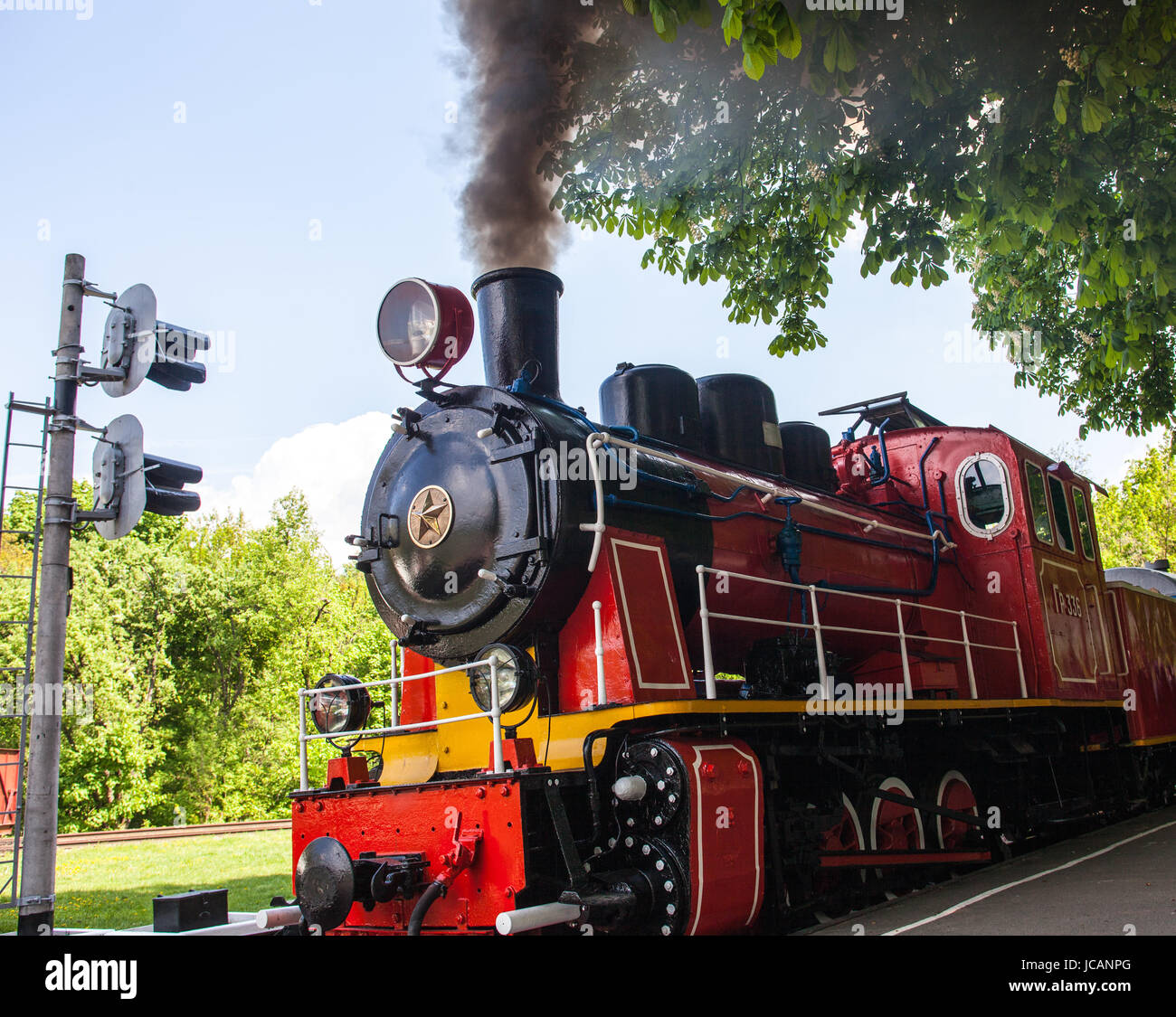 Steam locomotive with the smoke blowing off out of the smokestack Stock ...