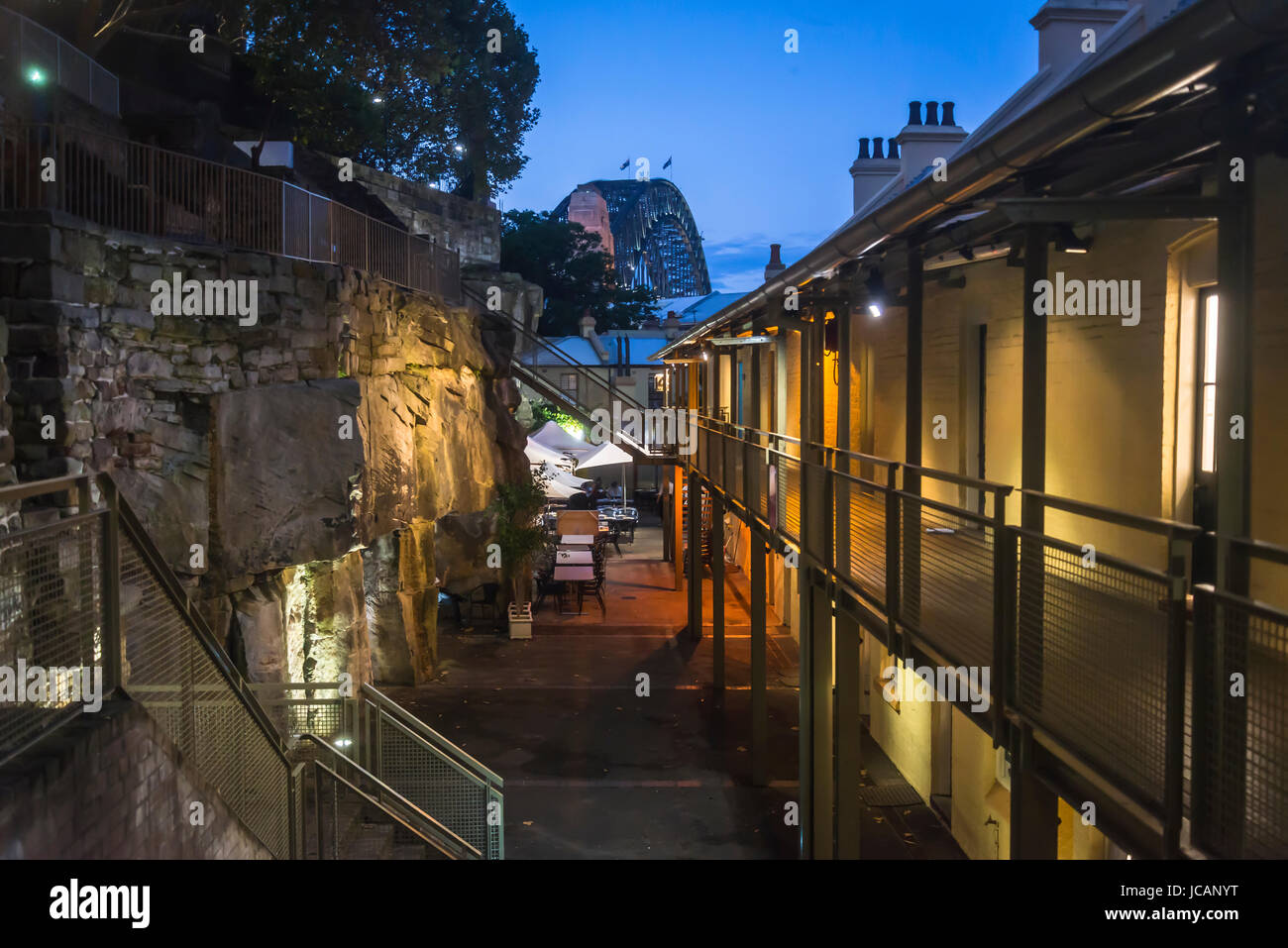 Old houses and Harbour Bridge, The Rocks, the oldest area of the city ...