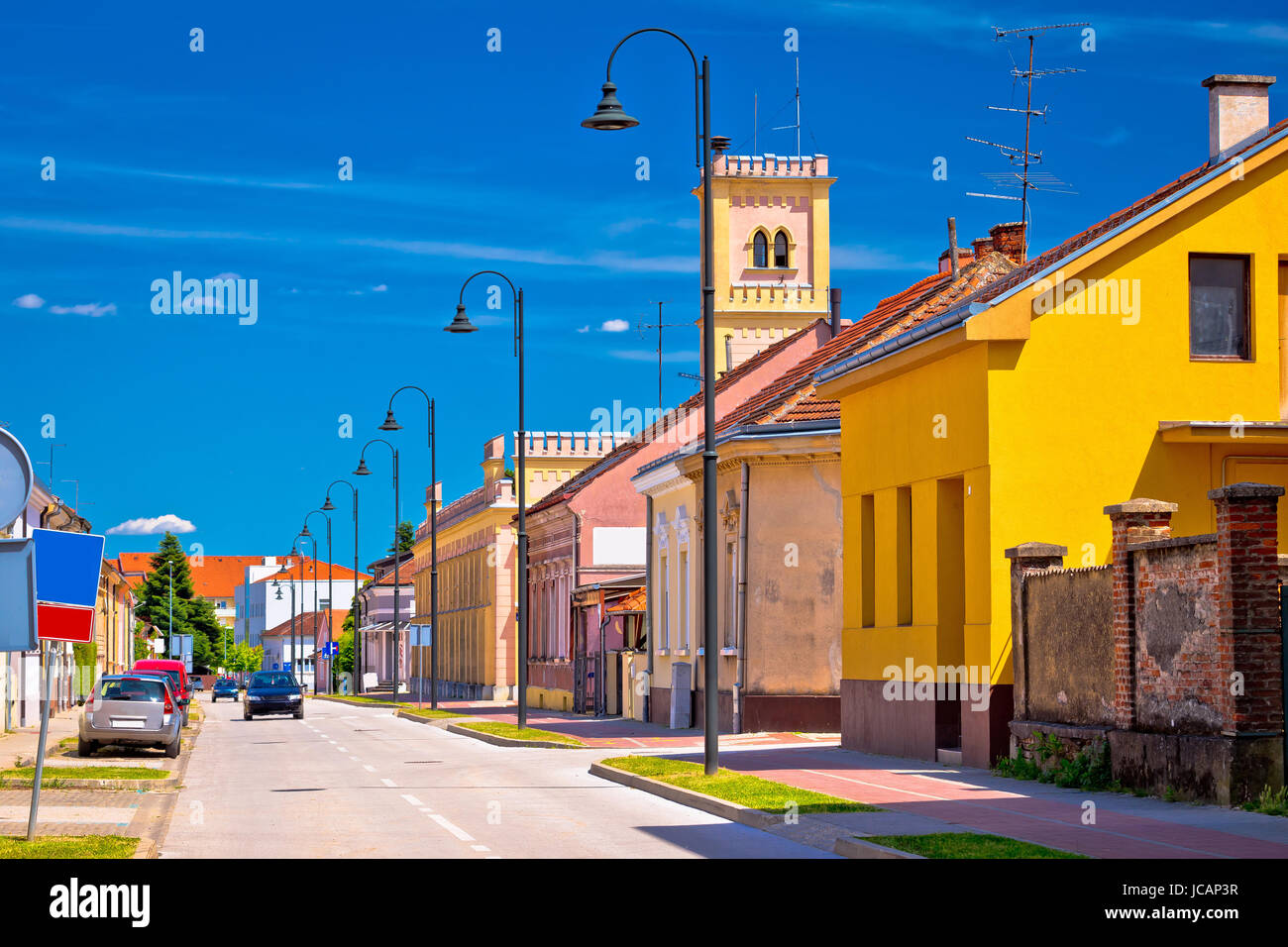Colorful street of Koprivnica view, town in Podravina region of Croatia ...