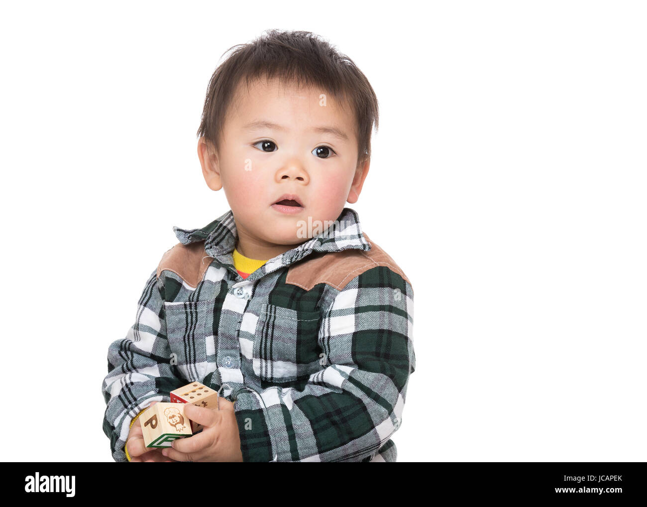 Asia baby boy hold with wooden toy block Stock Photo - Alamy