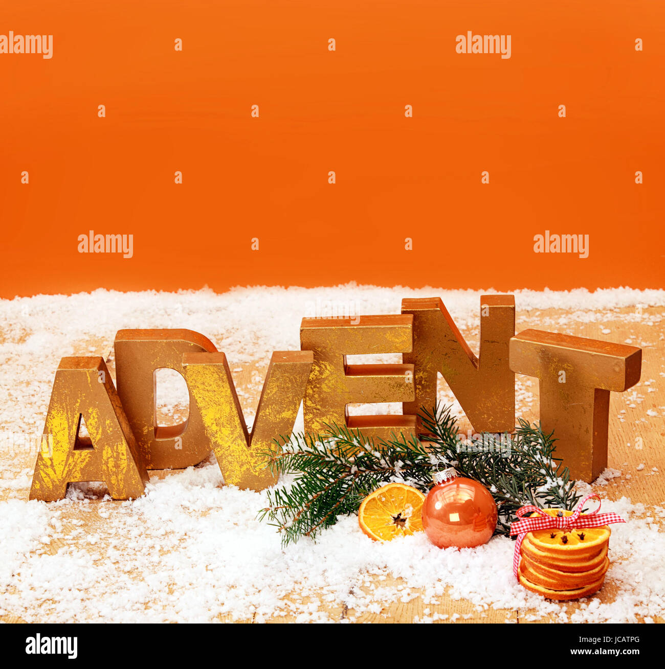 Colorful orange Advent still life background with 3d wooden letters ...