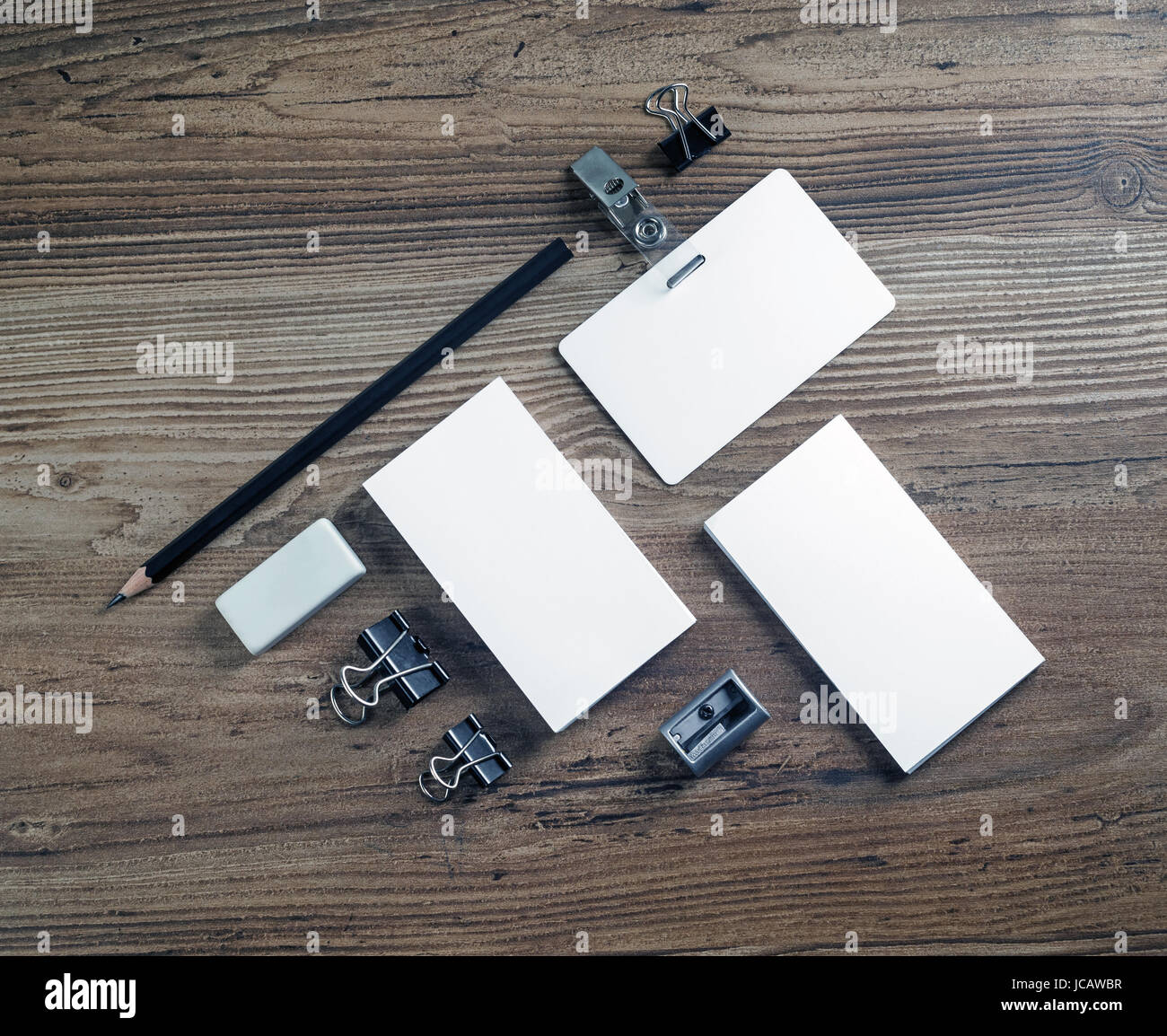 Photo of blank stationery set on wood table background. Branding mockup ...