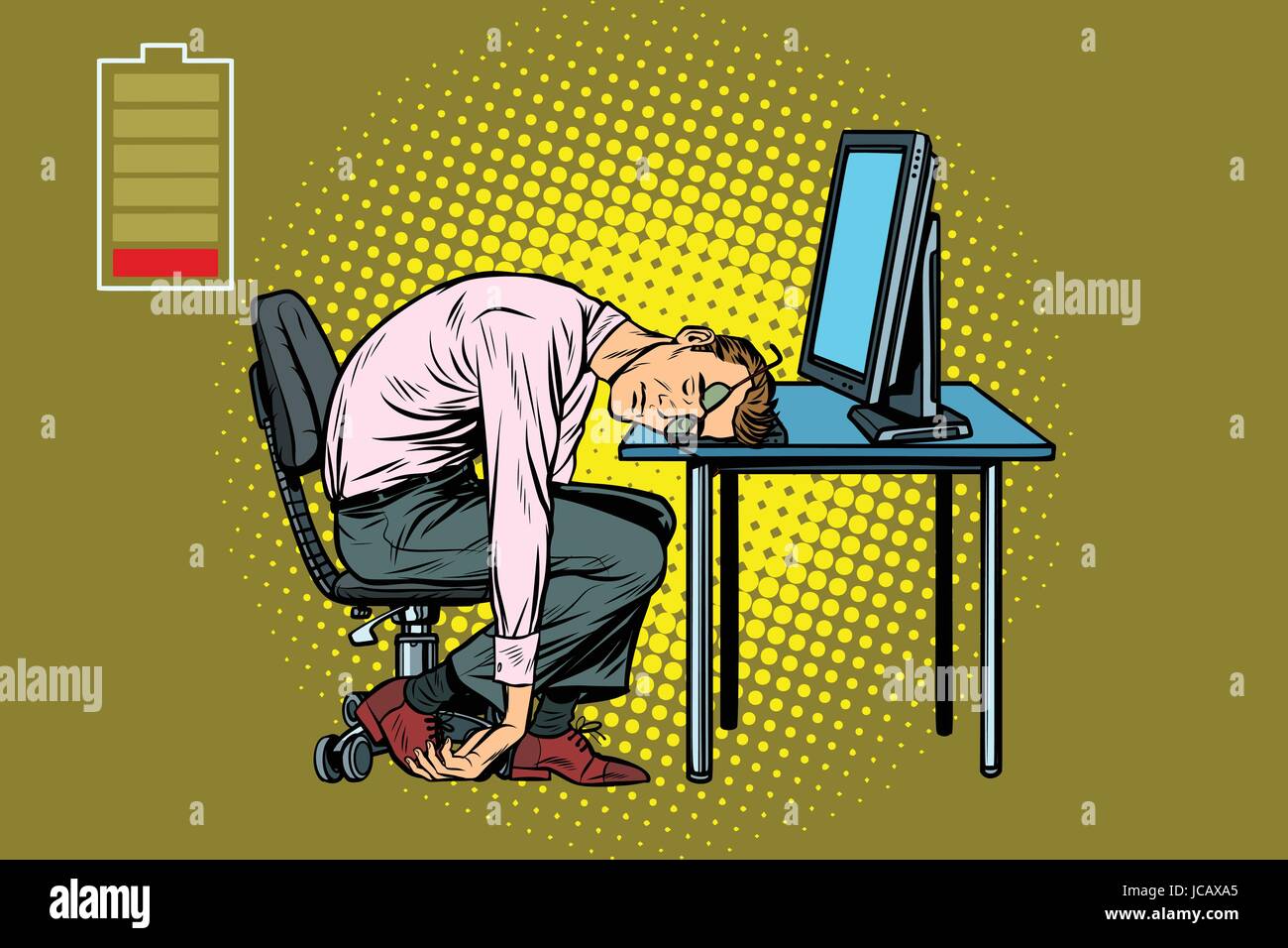 businessman sleeping at the computer. Fatigue at work. Pop art retro ...