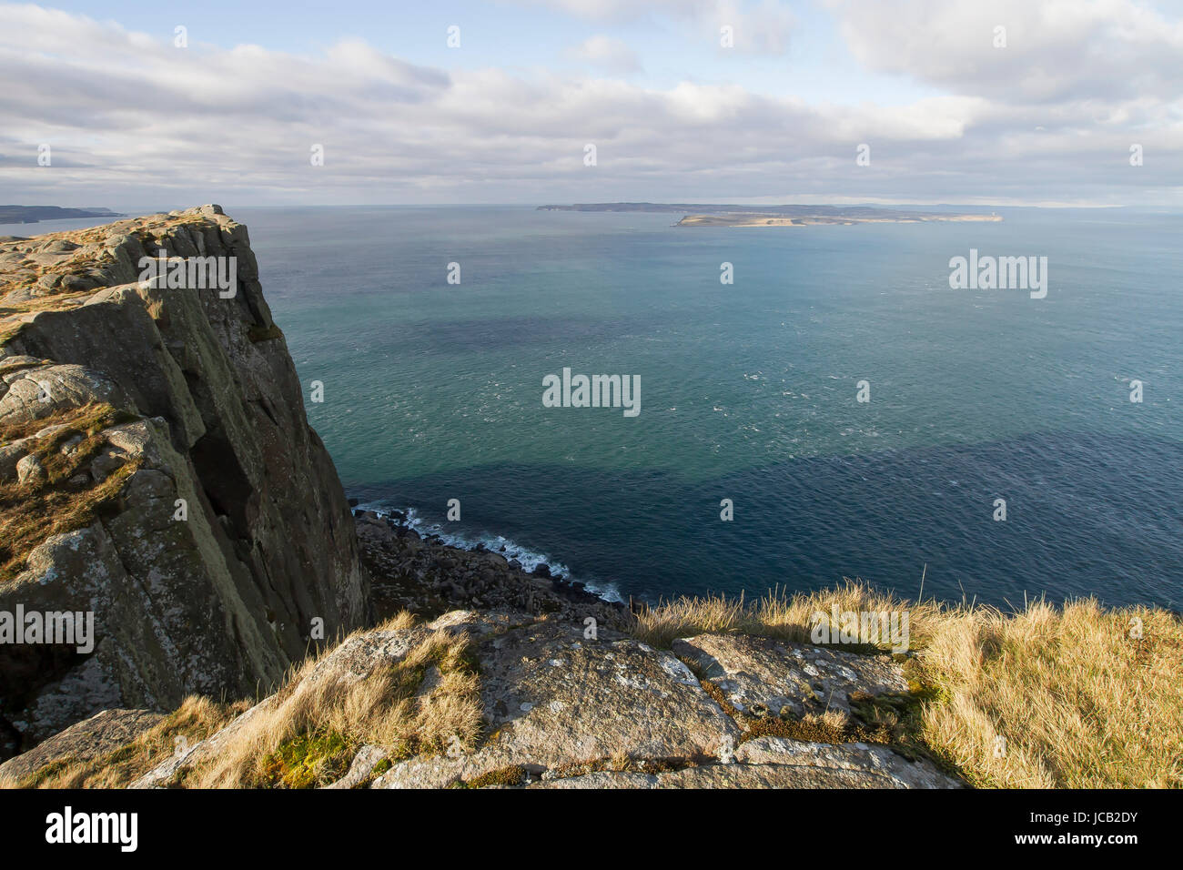 Cliff at Fair Head, County Antrim, Northern Ireland looking across the ...