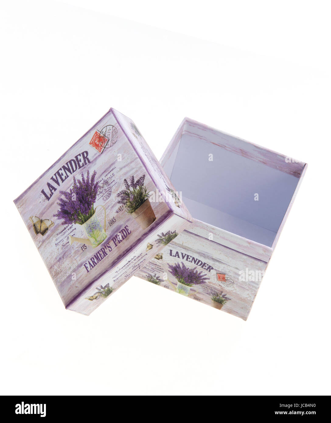 Nice jewelry box with lavender decoration isolated on white background ...