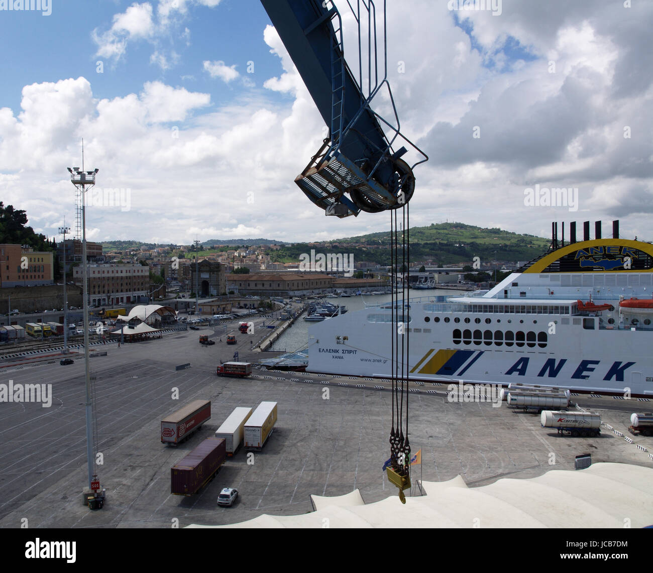 View of Anek Lines ferry Hellenic Spirit at Ancona Port from onboard ...