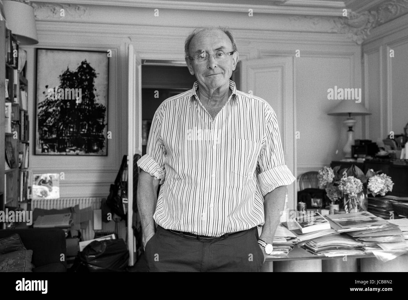 Portrait of Dominique Wolton at his place 14/09/2016 Â©Hannah ASSOULINE ...