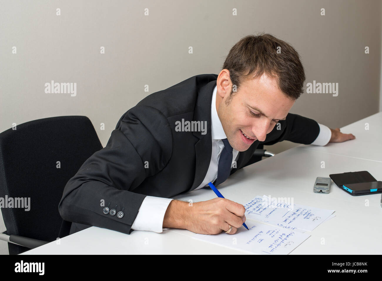 Portrait of Emmanuel Macron (politician) in his office (Montparnasse ...