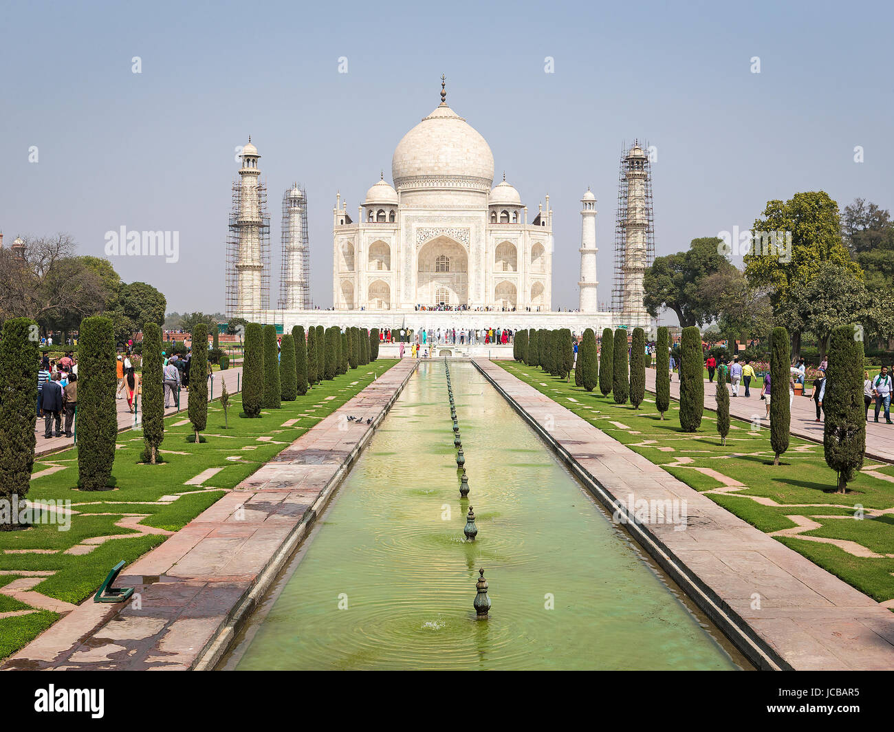 Taj Mahal viewed from inside the Royal Gate across the reflecting pool ...