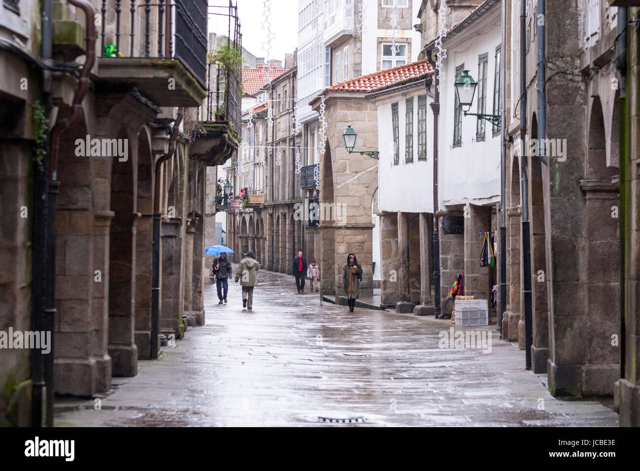 Rainy day in Santiago de Compostela old town, Galicia, Spain Stock ...
