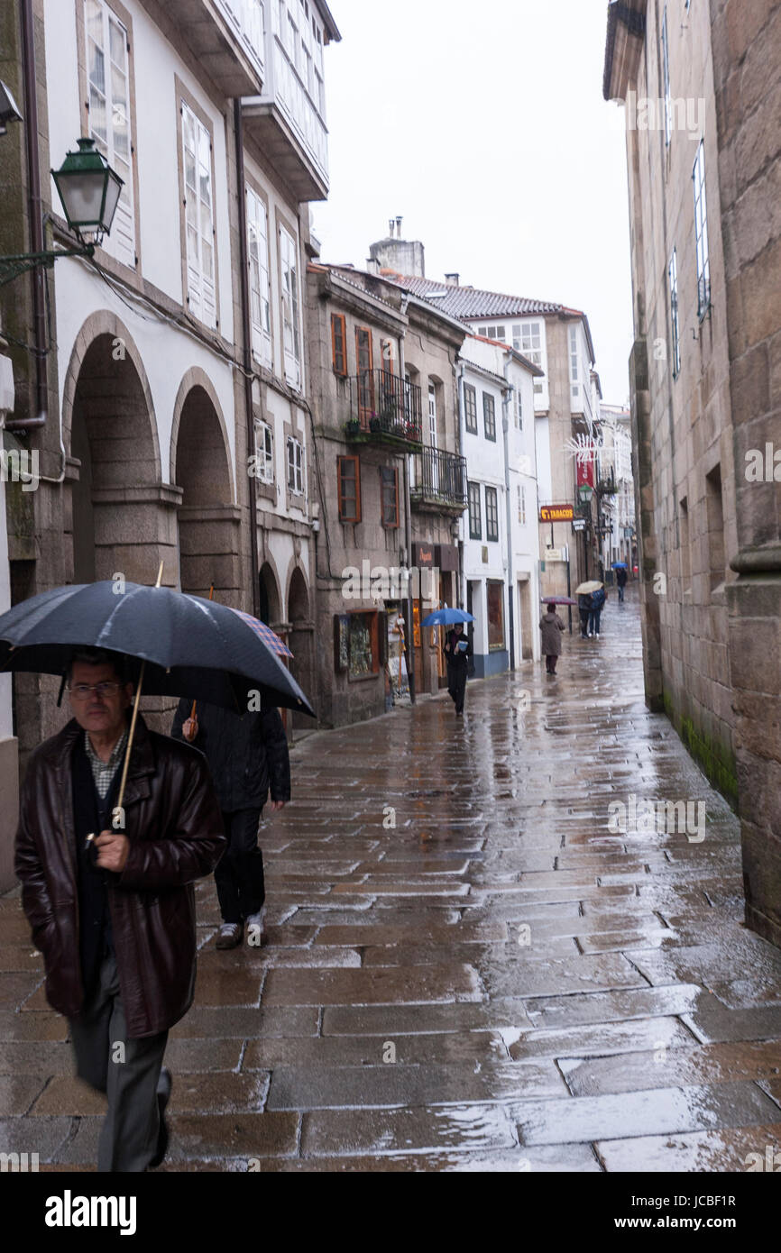 Rainy day in Santiago de Compostela old town, Galicia, Spain Stock ...
