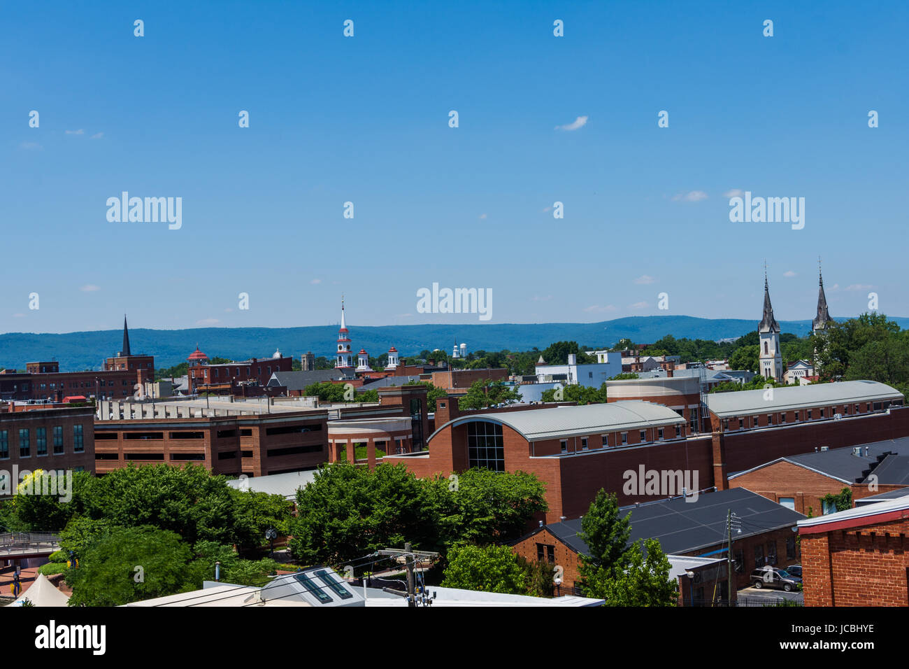 Aerial of Downtown Frederick and Carrol Creek Promenade in Frederick ...