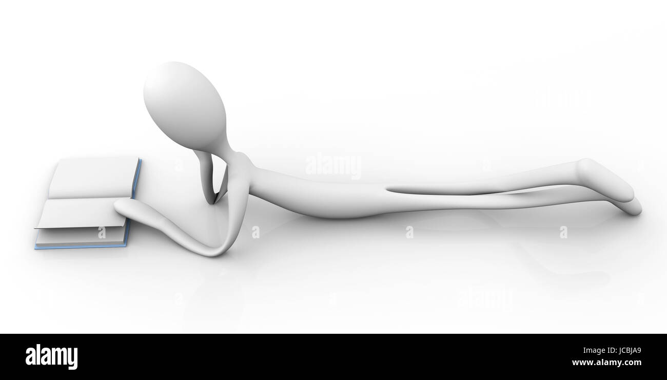 A cartoon figure reading a book while lying on the floor. 3D rendered ...