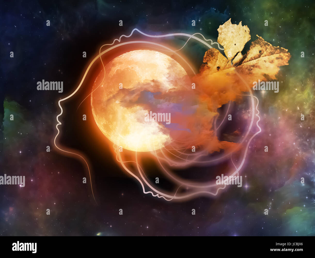 Inner Moon series. Backdrop of moon, human profile and design elements ...