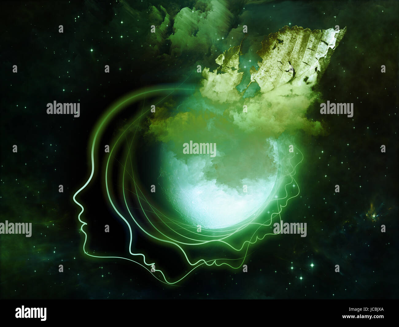 Inner Moon series. Backdrop of moon, human profile and design elements ...
