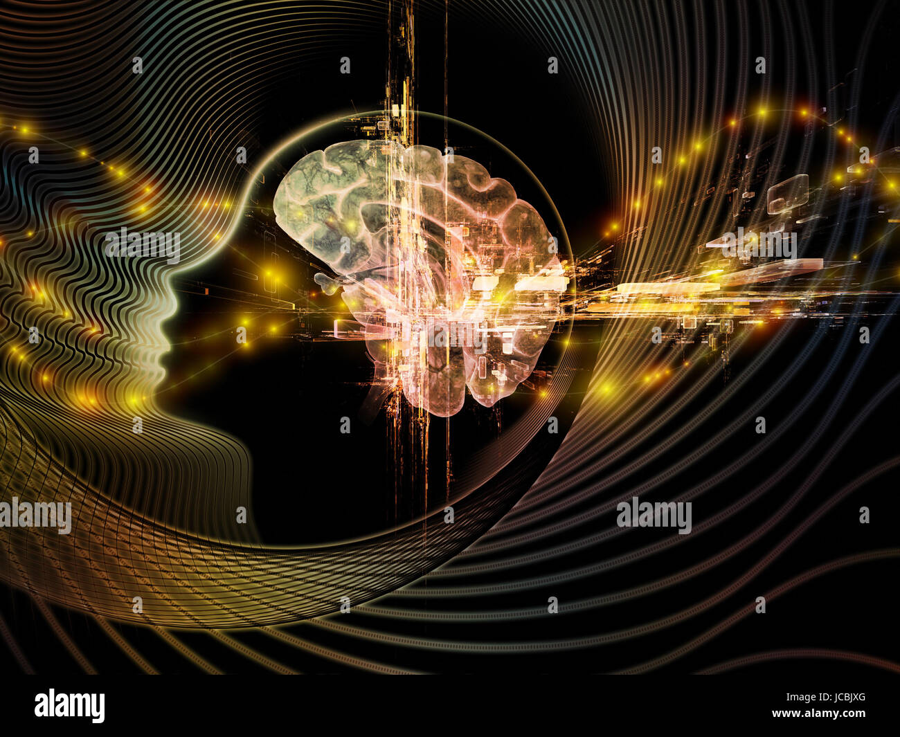Human Mind series. Composition of brain, human outlines and fractal ...