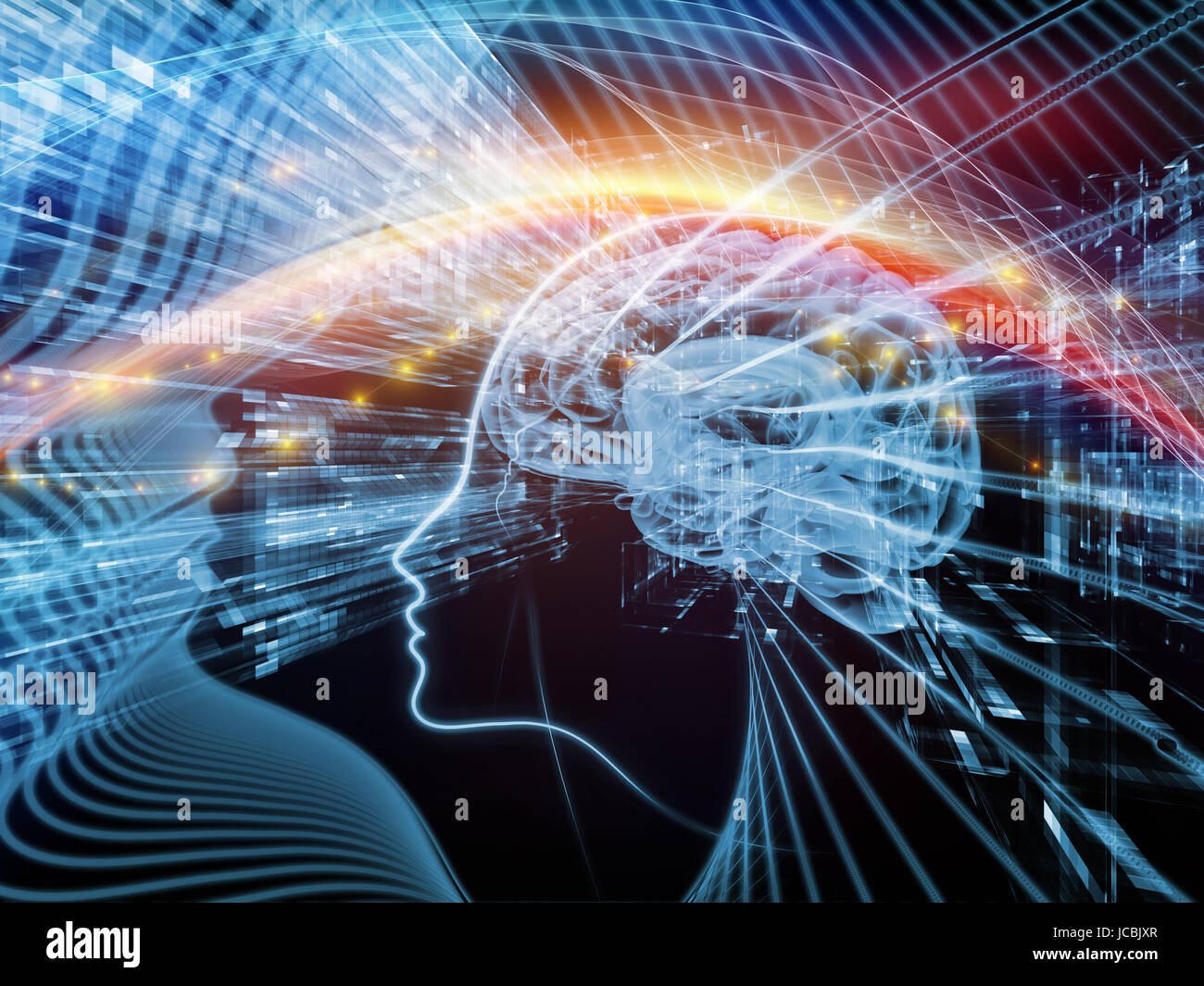 Human Mind series. Creative arrangement of brain, human outlines and ...