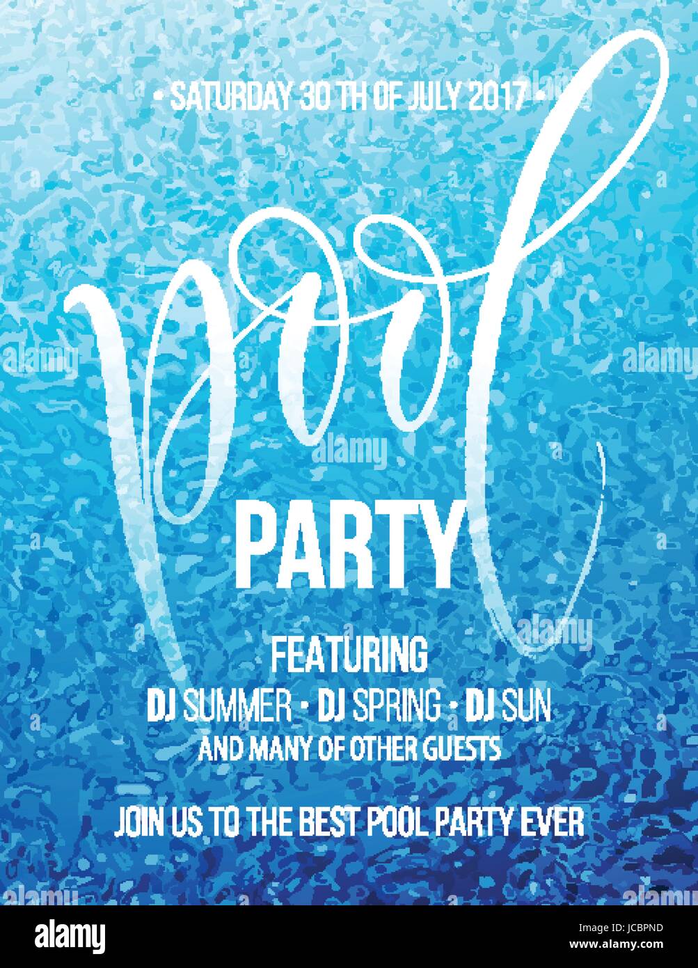 Pool party poster with blue water ripple and handwriting text. Vector ...