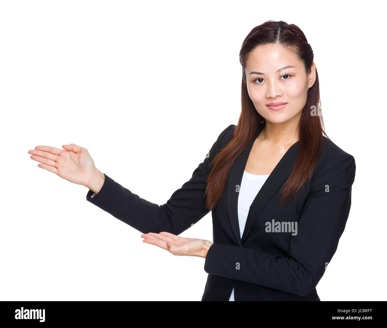 Asian business woman with hand present Stock Photo - Alamy