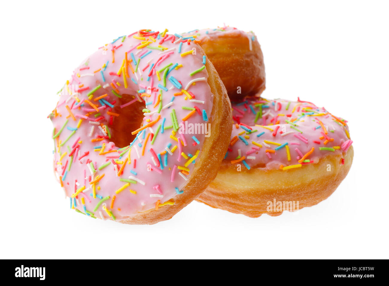 Food and drink: group of pink donuts, isolated on white background ...