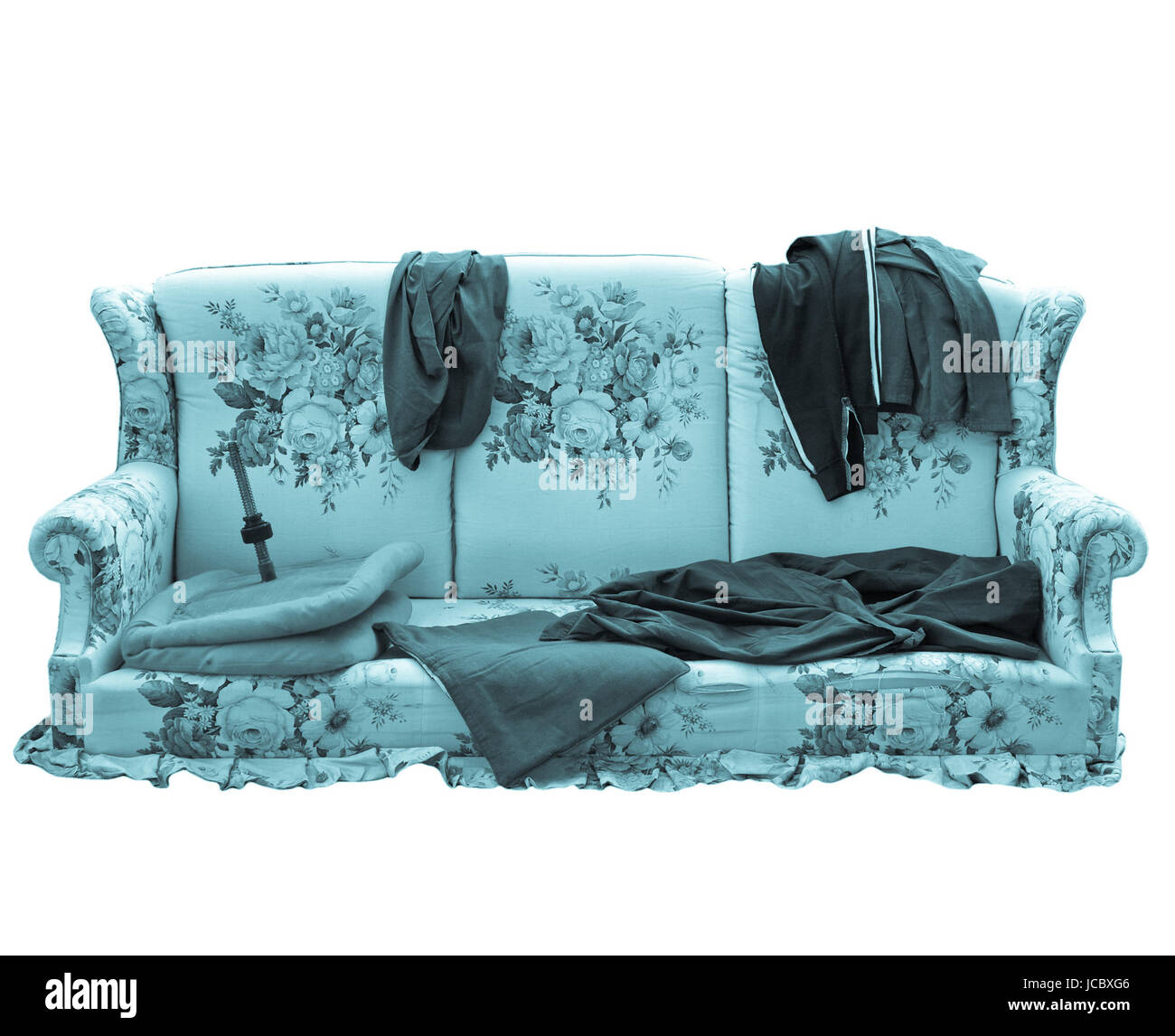 Old sofa with clothes used by poor homeless hobo - cool cyanotype Stock ...