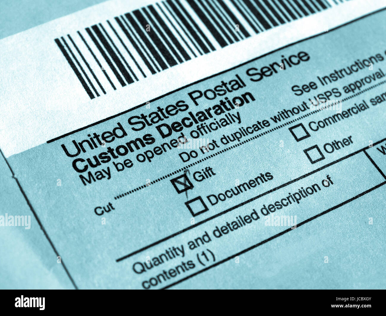 Customs declaration on a foreign packet parcel - cool cyanotype Stock ...