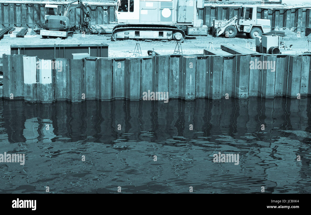 Detail of a building site for construction works - cool cyanotype Stock ...