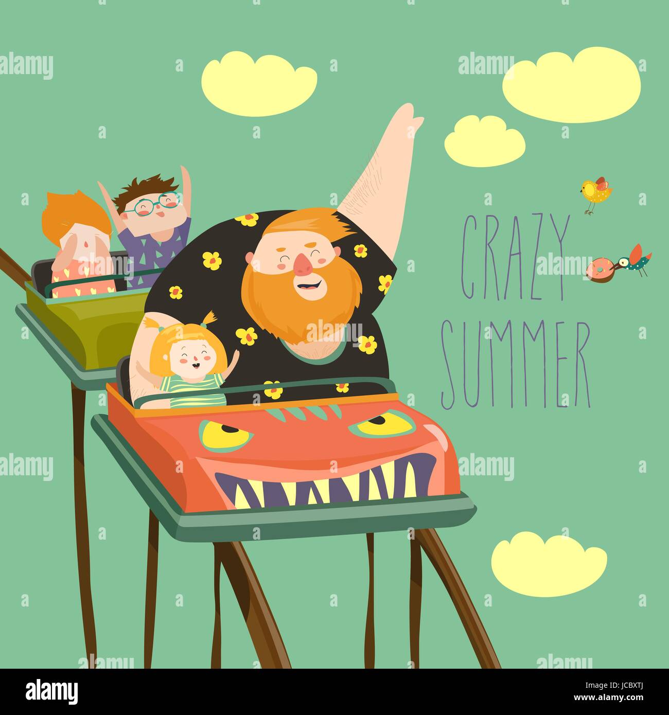 Daddy with kids riding roller coaster in an amusement park Stock Vector ...