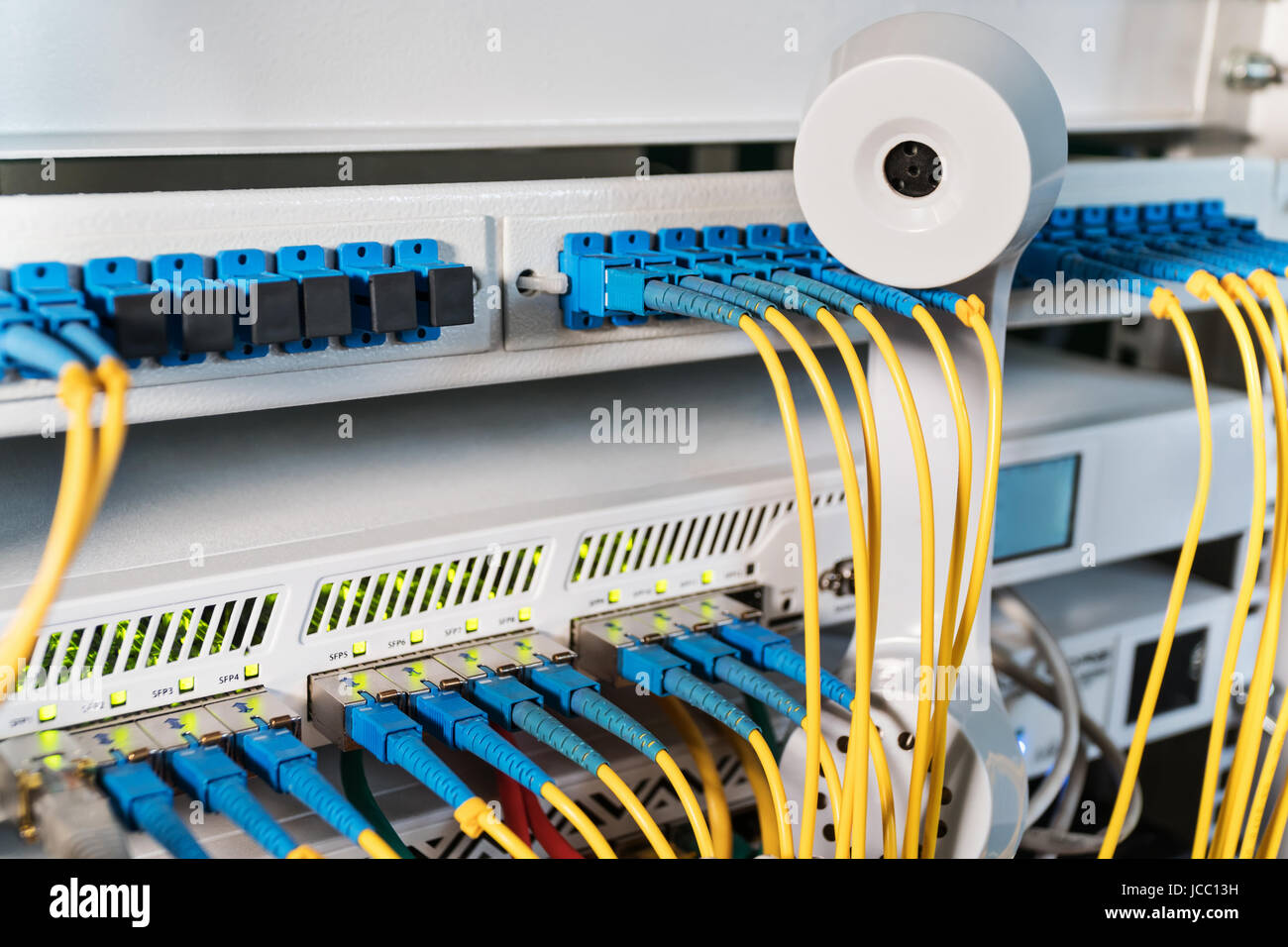 Old retro telephone receiver on wires in internet hub, close-up Stock ...