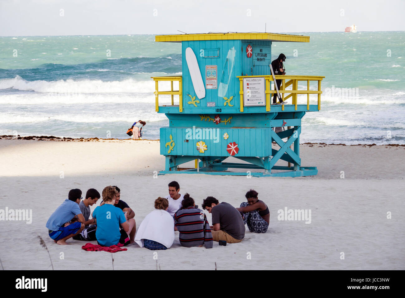 Miami Beach Florida,Atlantic Ocean water sand,lifeguard tower,group,boy ...