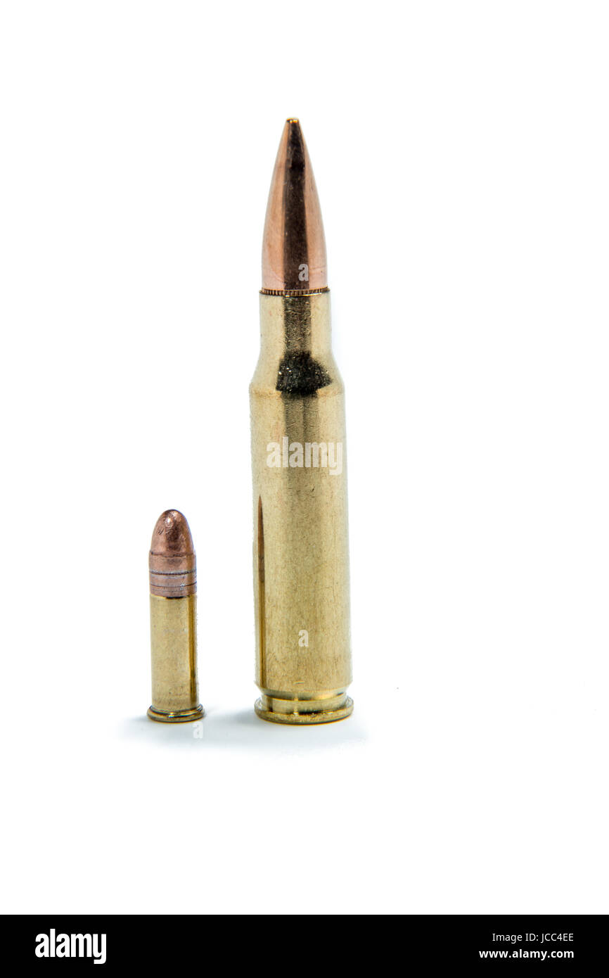 Size comparison of a .308 cartridge against a .22 long rilfe cartridge ...