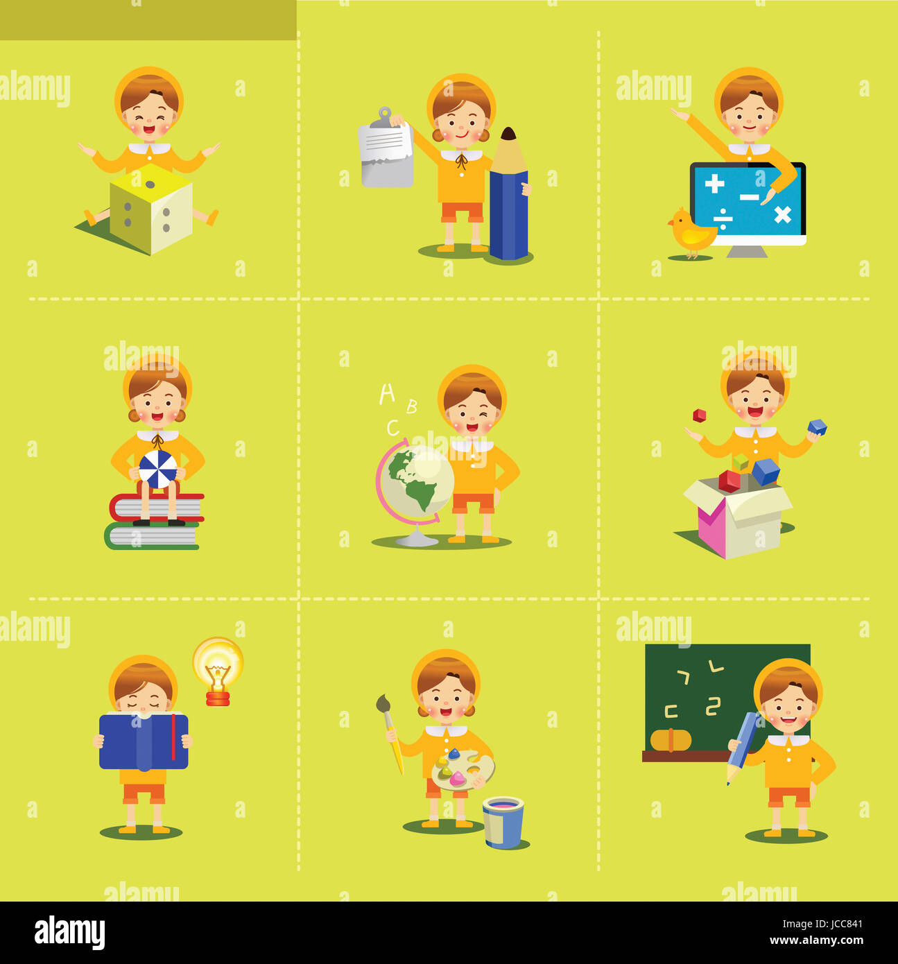 Illustration of kindergarten girl showing various subjects Stock Photo ...
