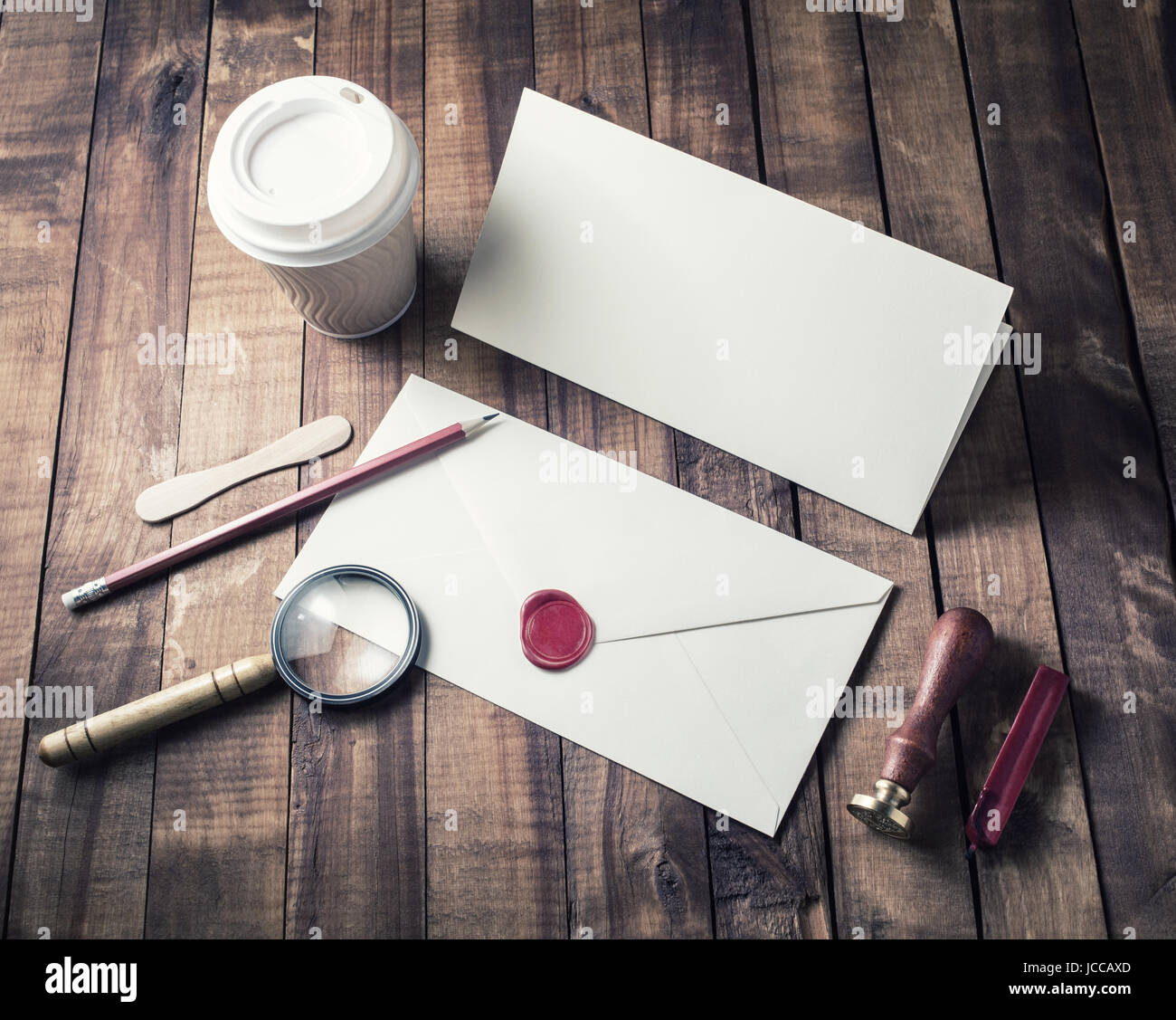 Photo of blank stationery set on wood table background. Blank envelope ...