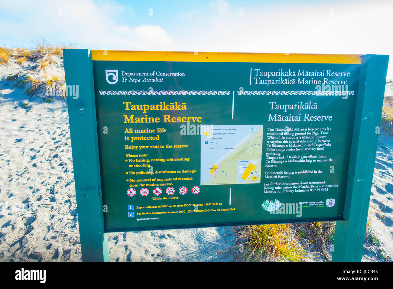 SOUTH ISLAND, NEW ZEALAND- MAY 23, 2017: Informative sign of marine ...