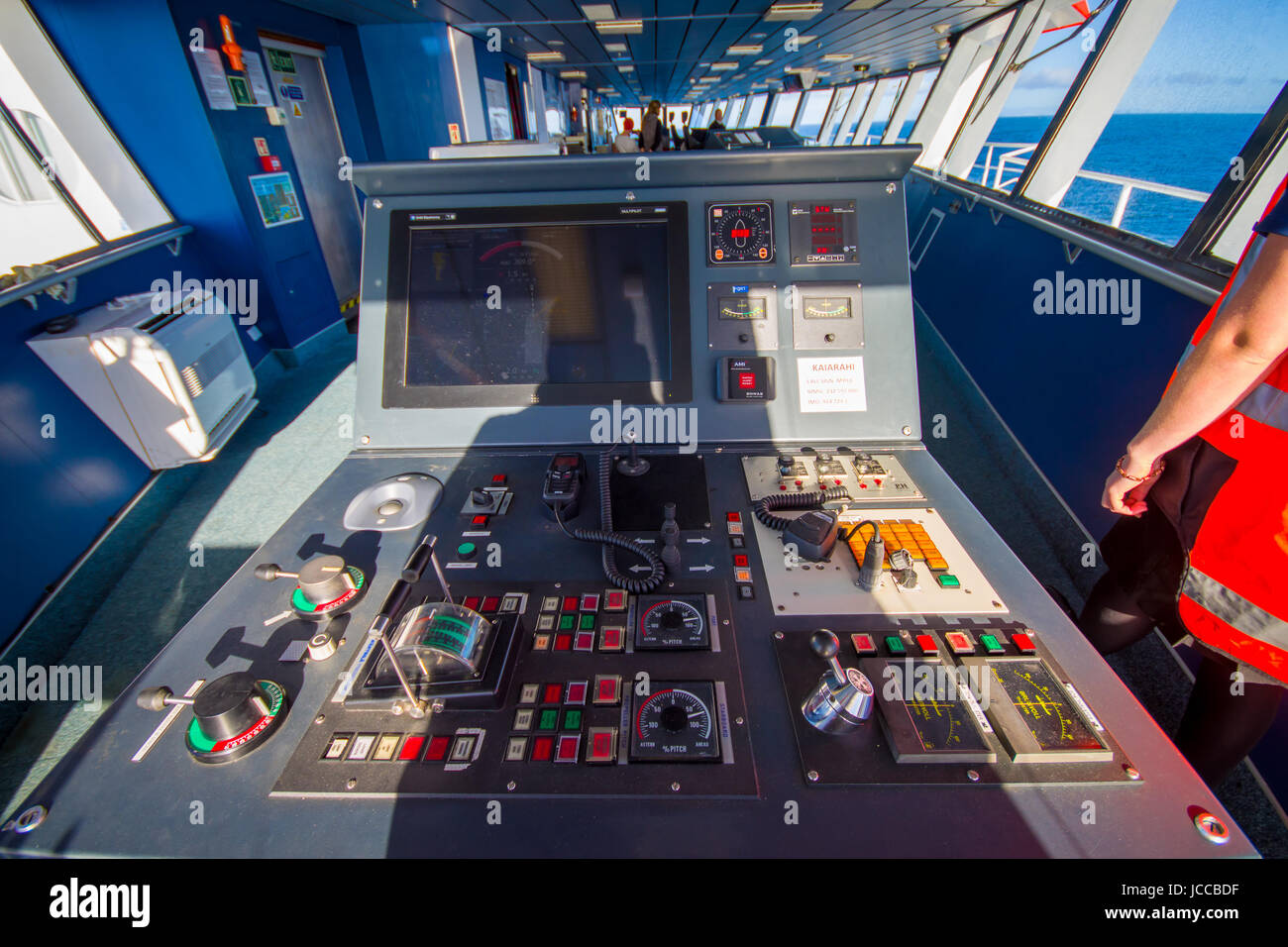 SOUTH ISLAND, NEW ZEALAND- MAY 25, 2017: Ferry boat pilot command cabin ...