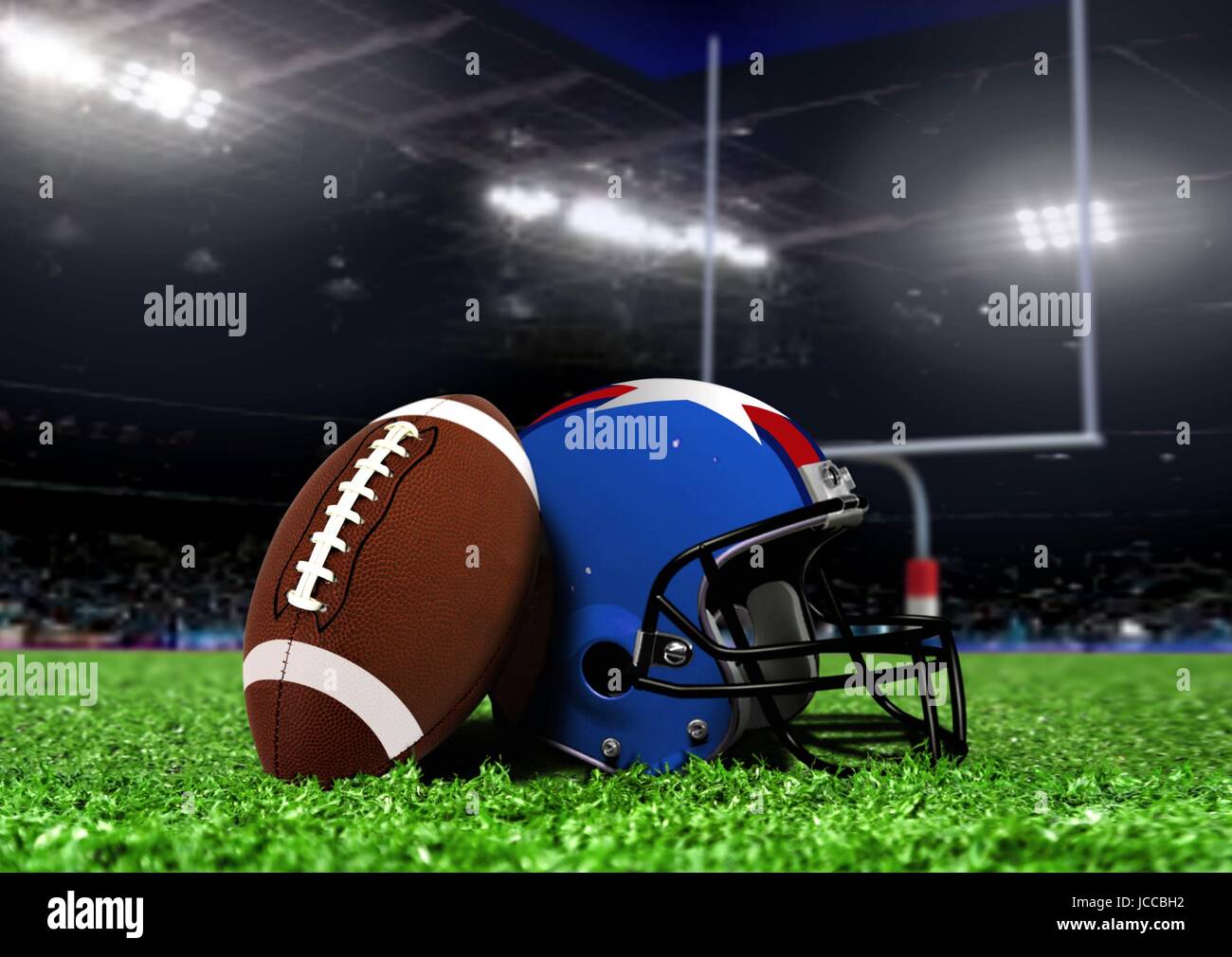 Football Equipment On Grass in Stadium with Spotlights Stock Photo - Alamy