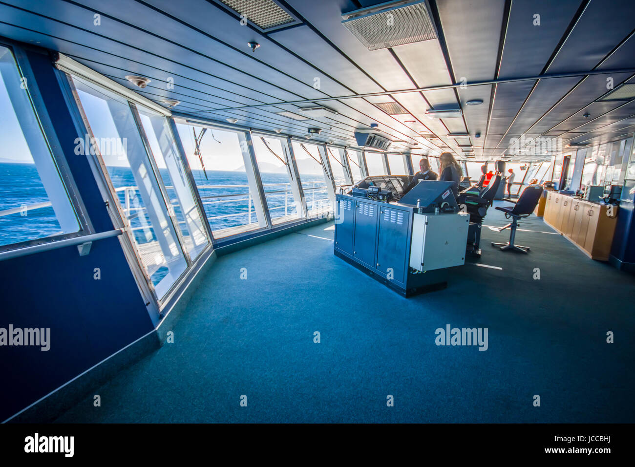 SOUTH ISLAND, NEW ZEALAND- MAY 25, 2017: Ferry boat pilot command cabin ...