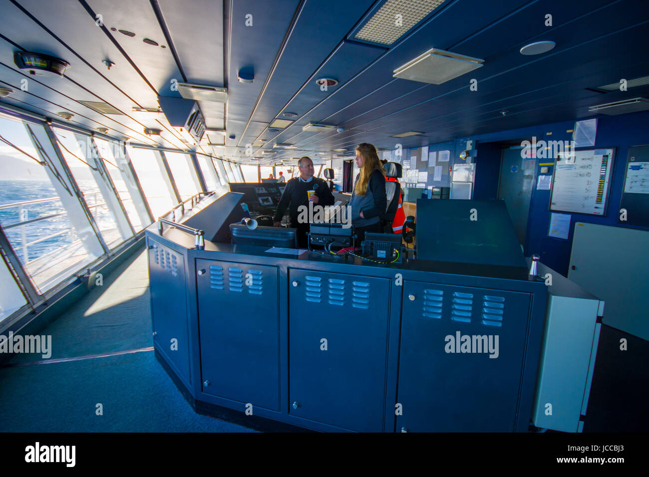 SOUTH ISLAND, NEW ZEALAND- MAY 25, 2017: Ferry boat pilot command cabin ...
