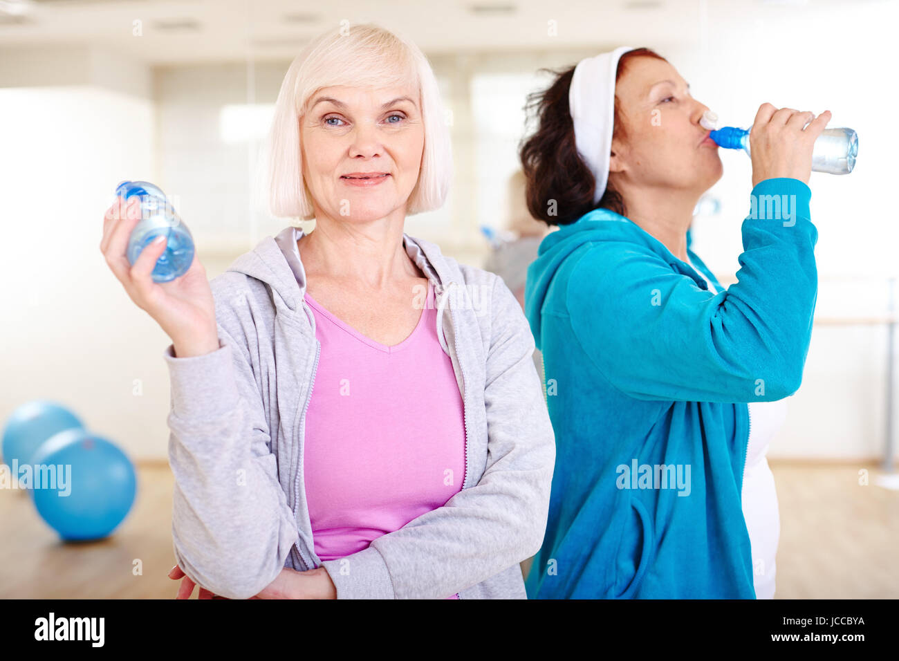 Two happy aged women after workout Stock Photo - Alamy