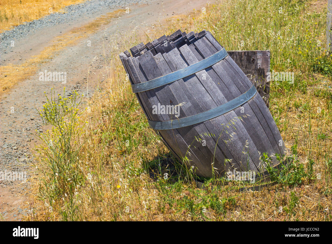 Old Weathered Wooden Barrel Leaning By Side of Dirt Road Stock Photo ...
