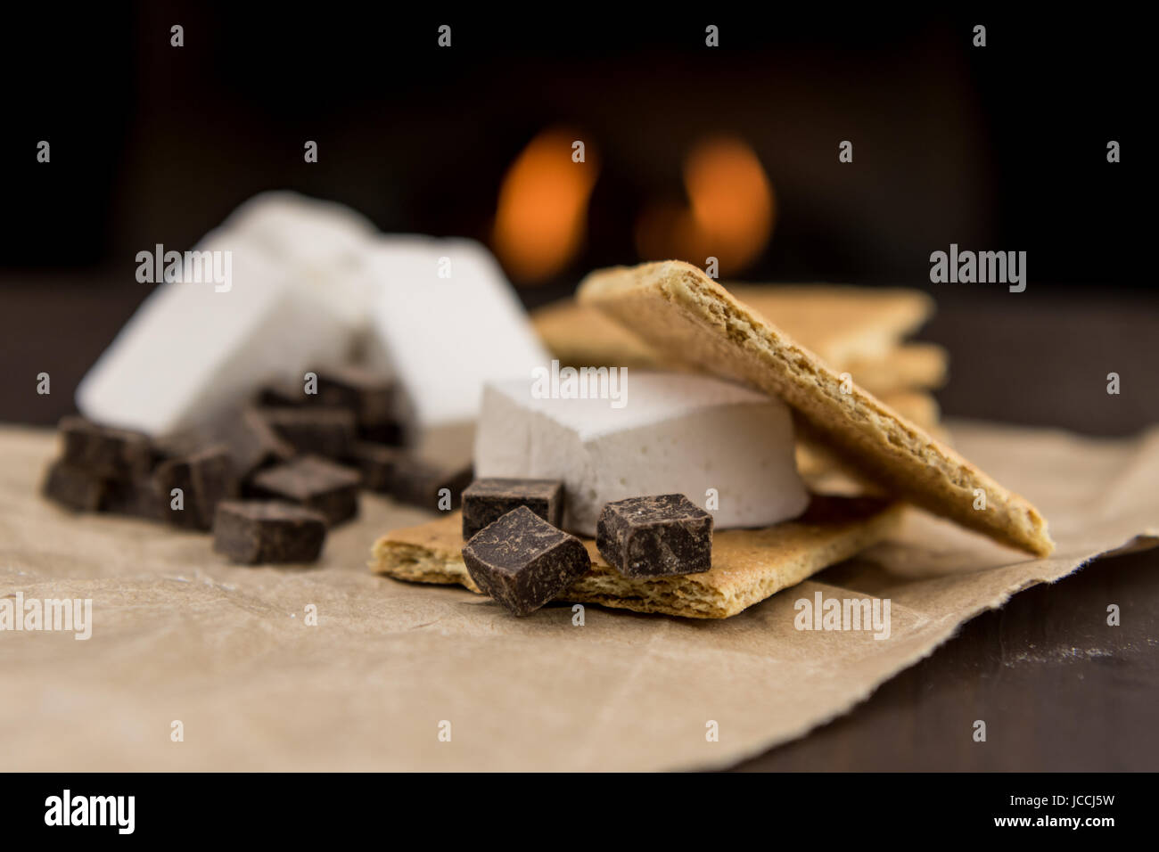 Smore Ingredients with Fireplace in BackGround Stock Photo - Alamy
